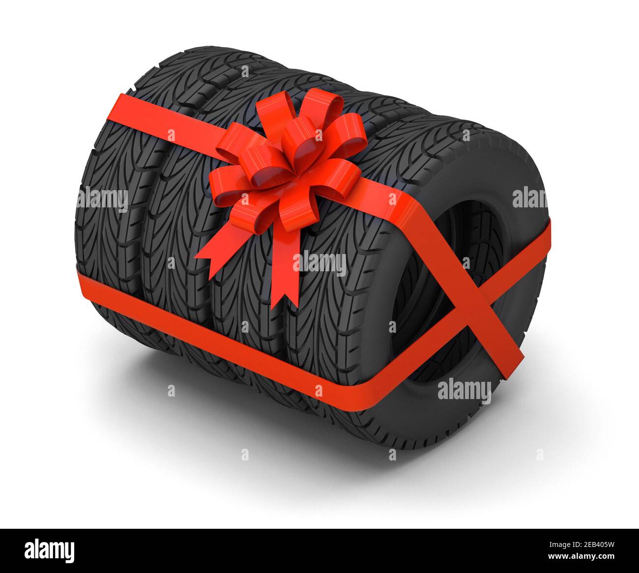 Tires as a gift. A set of four tires with a red gift ribbon with a bow ...