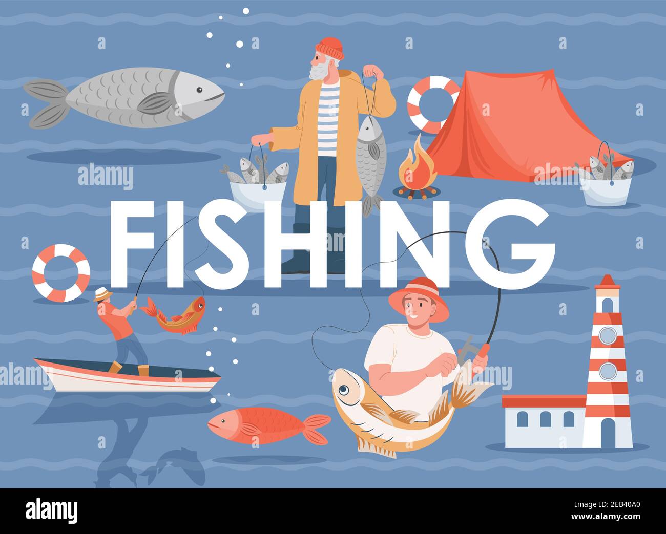 Fishing vector flat banner template with text space. Summer vacation or ...