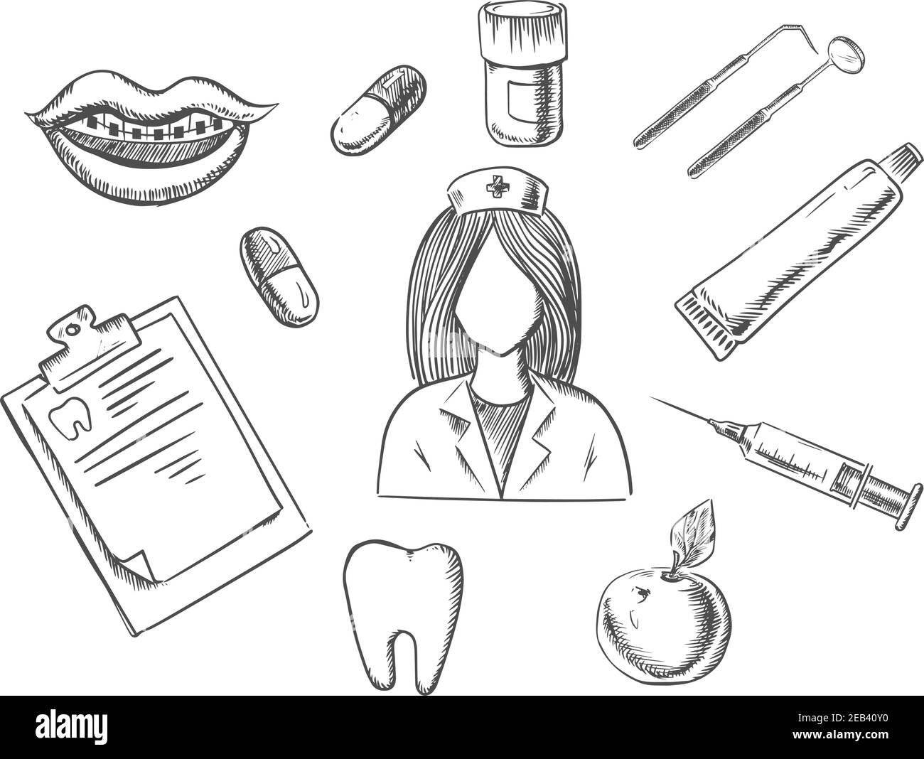 Dental sketch icons with a nurse surrounded by apple, notebook, tablets ...