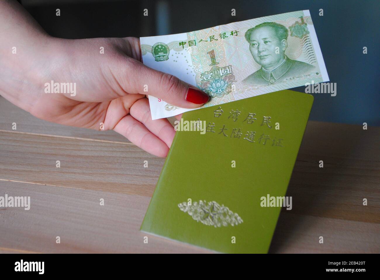 Woman hand holding green travel document of MTP, Mainland travel permit ...