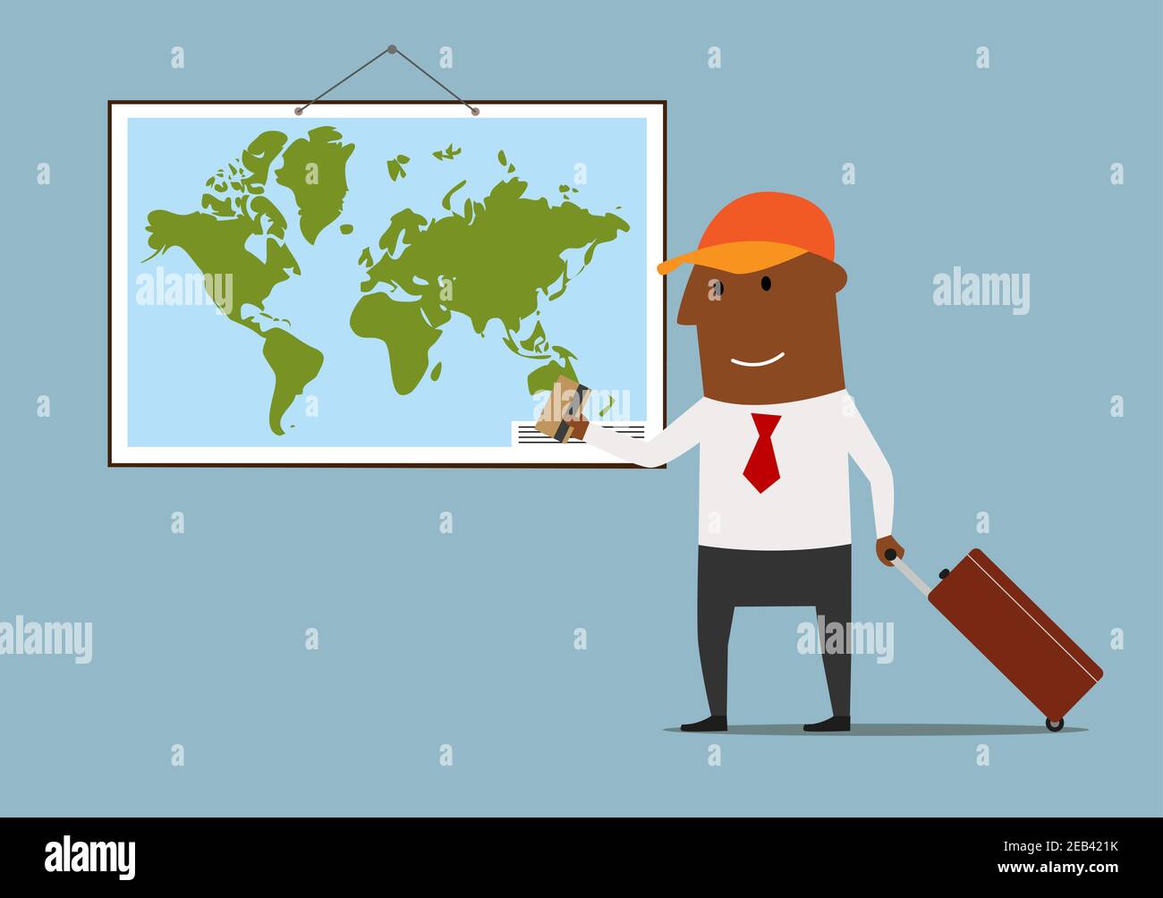 Happy cartoon businessman with suitcase standing near world map and ...