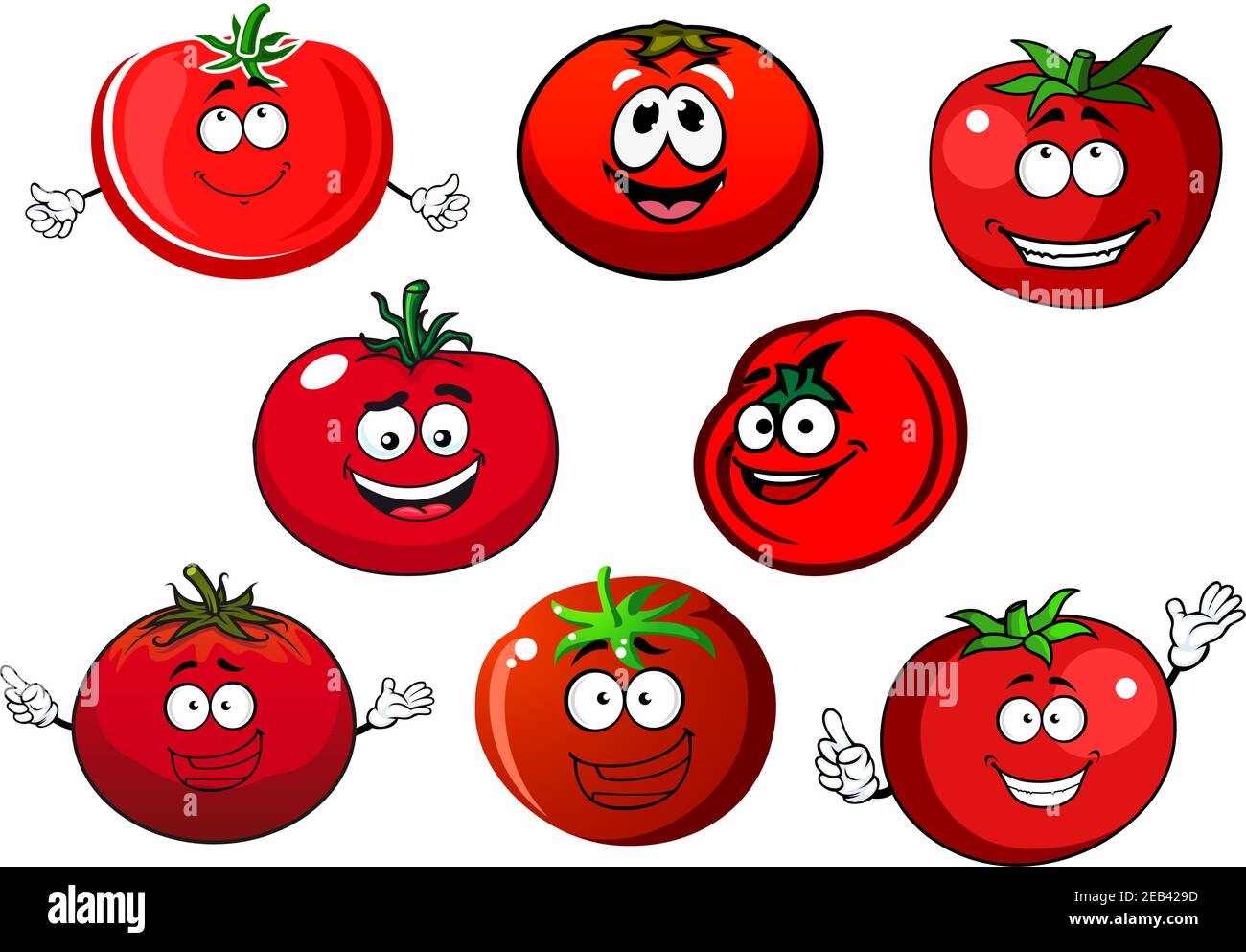 Happy cartoon ripe red tomato vegetables characters with curly green ...