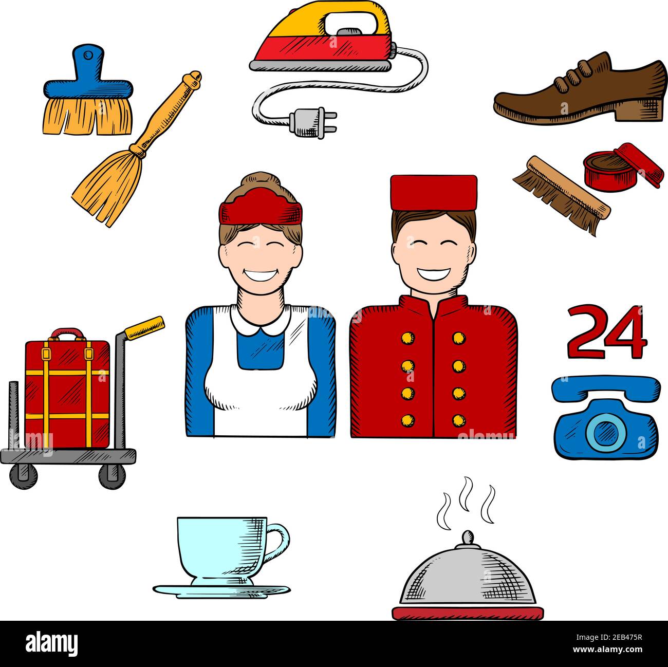 Hotel services colorful sketched icons with bell boy, maid and ...