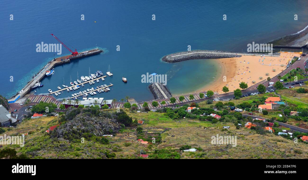 Panoramic view of Machico in Madeira with beach port and airport Stock ...