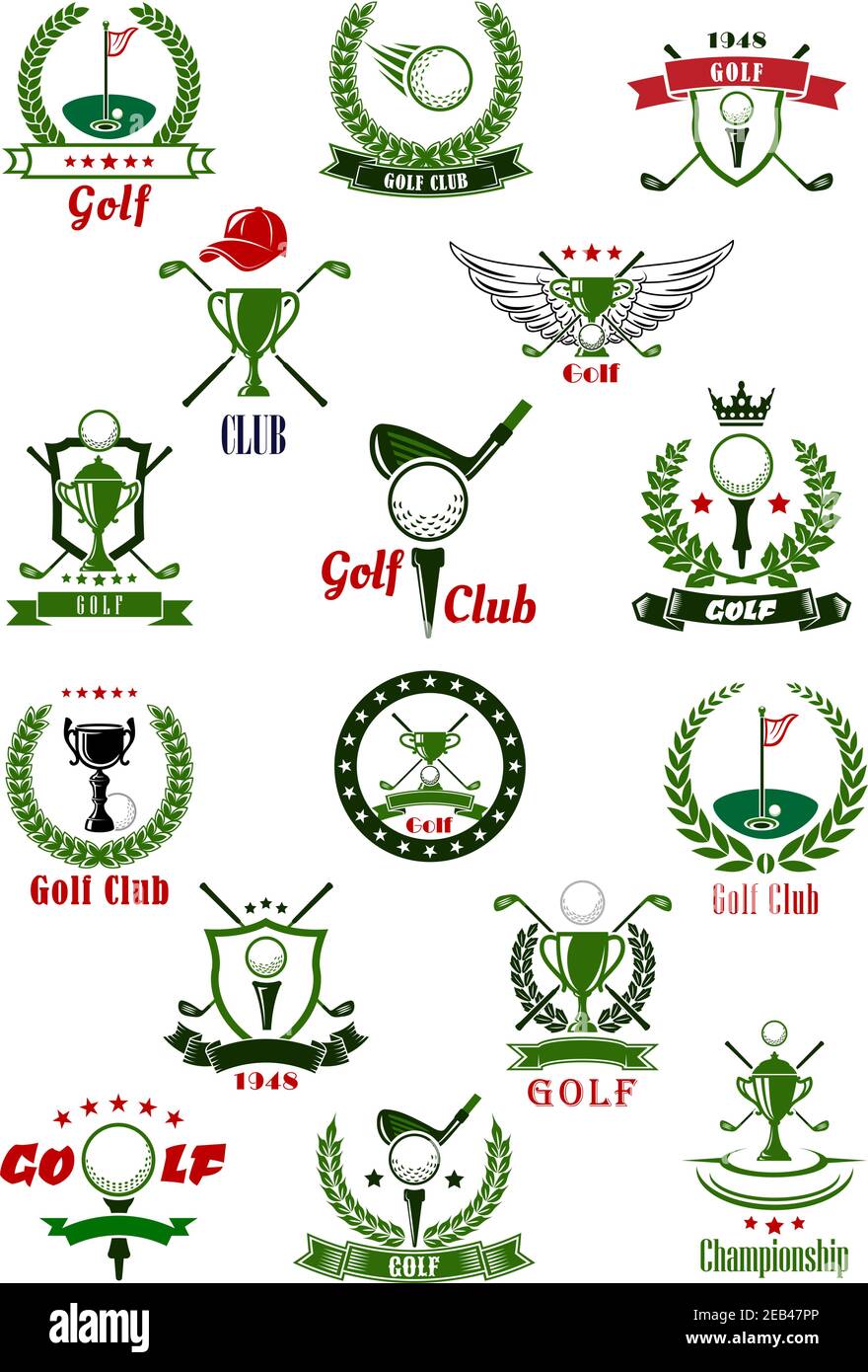 Golf sport game icons and symbols with ribbons, banners, golf club and ...