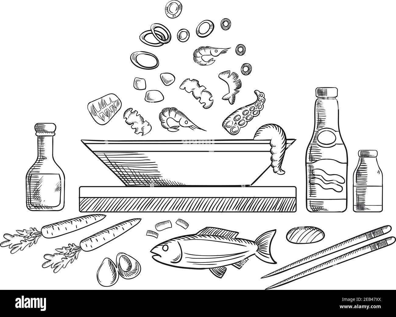 Seafood dish sketch with pieces of tuna, shrimps, mussels, olives and ...