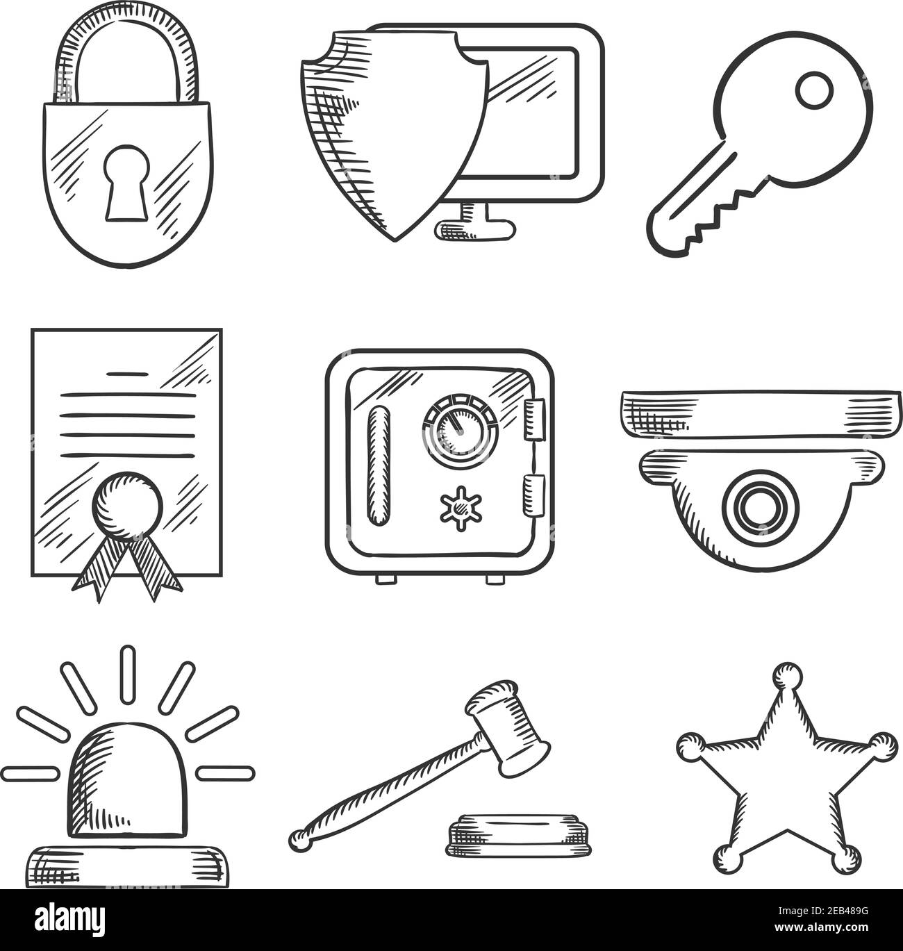 Security sketched icons set with padlock, computer security virus ...