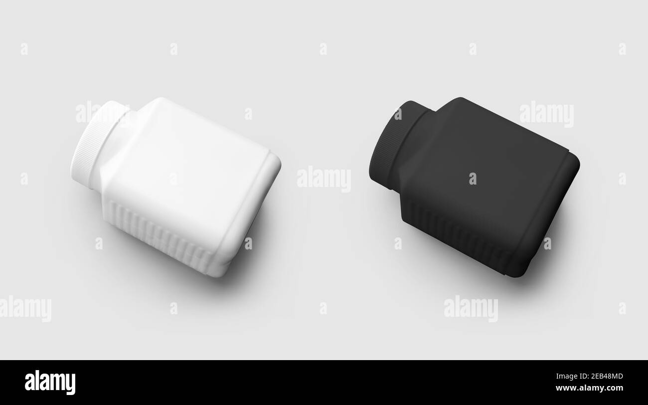 Mockup of a white, black square jar with a lid, a box for vitamins ...