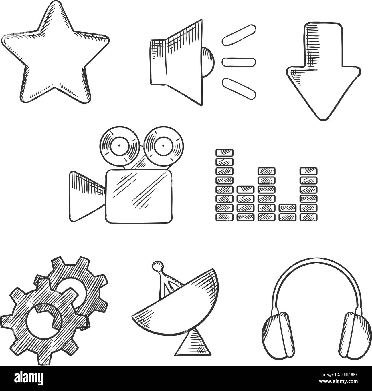 Media and sound sketched icons set with satellite, sound, movie, gears ...