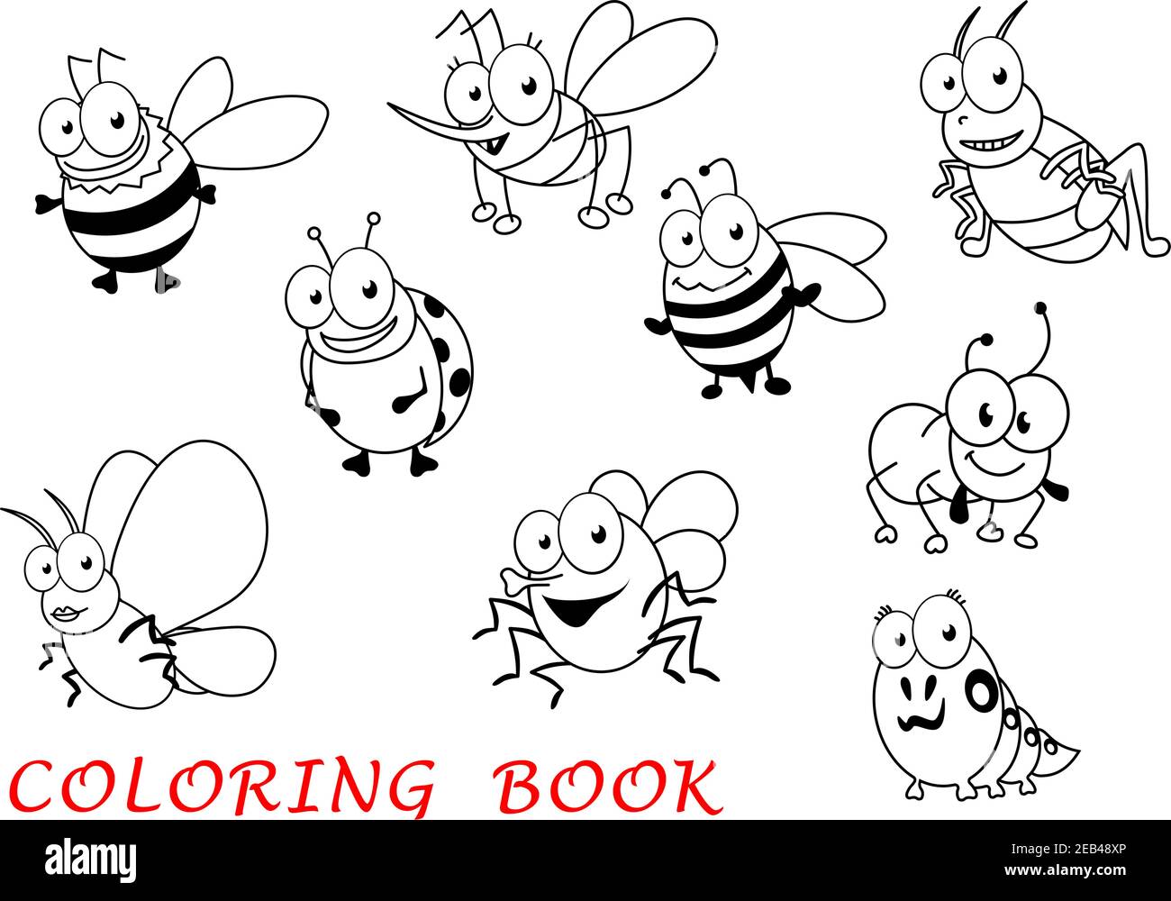 Cartoon insects isolated on white background with ladybug, mosquito and ...