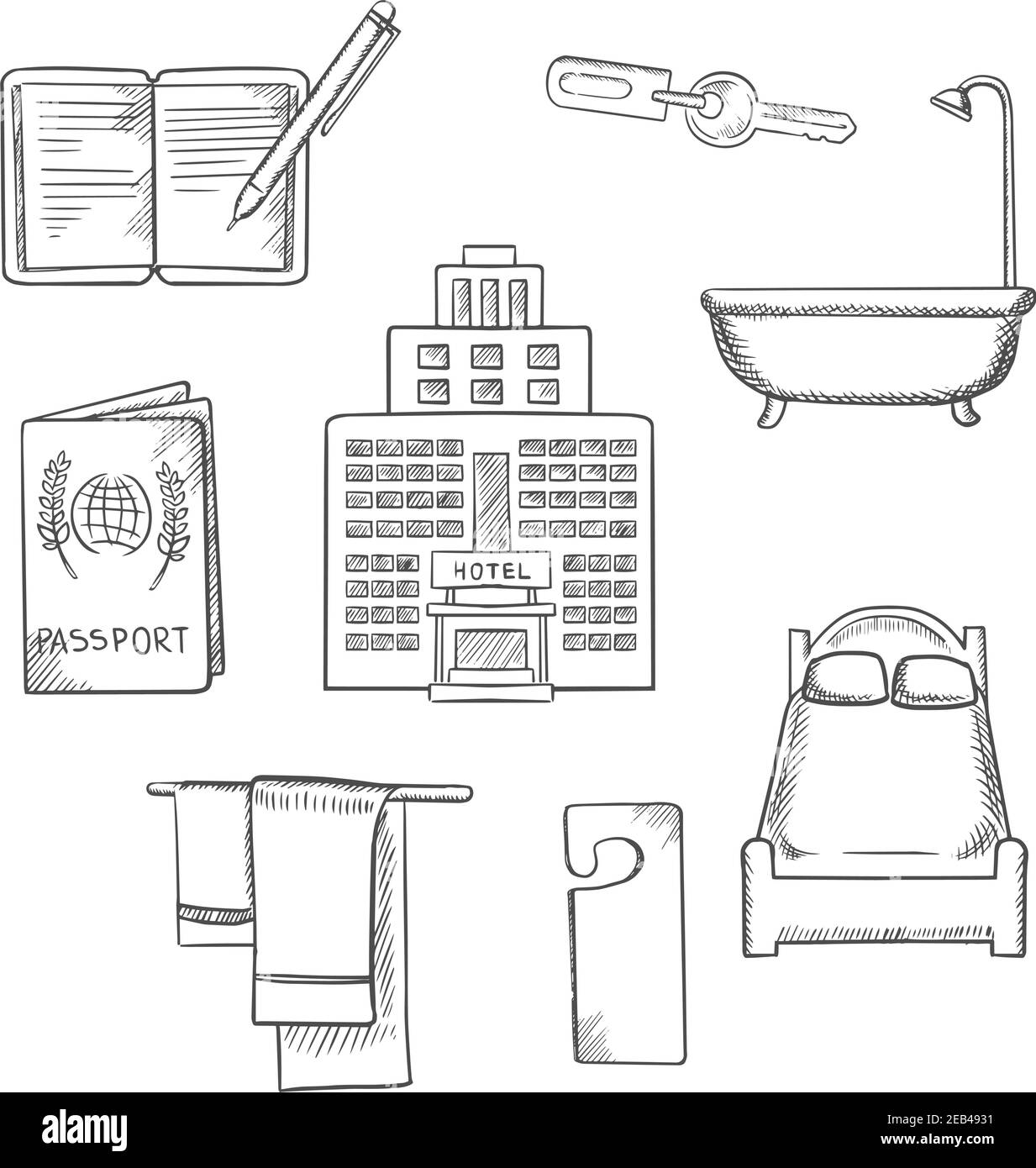 Hotel service concept sketch design with apartment icons as bed, room ...