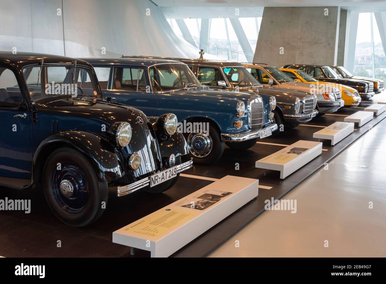 Interior of the Mercedes Benz Museum in Stuttgart, Germany. Old style ...