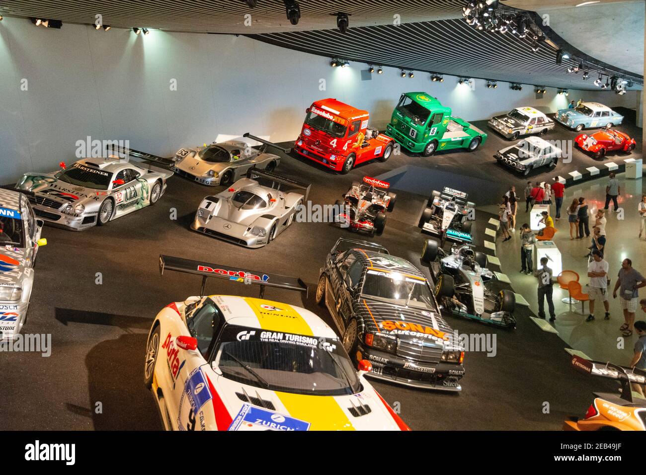 Interior of the Mercedes Benz Museum in Stuttgart, Germany. Old style ...