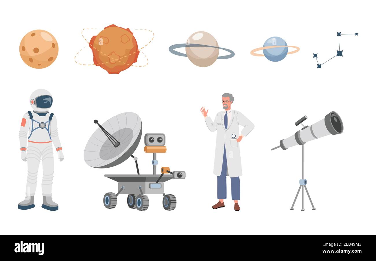 Planets, moon, stars and constellations, astronaut in spacesuit, mars ...