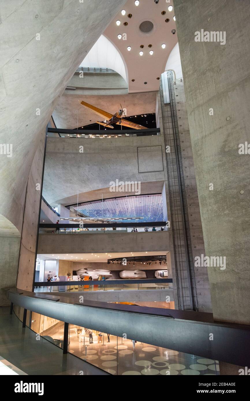 Interior of the Mercedes Benz Museum in Stuttgart, Germany. Old style ...