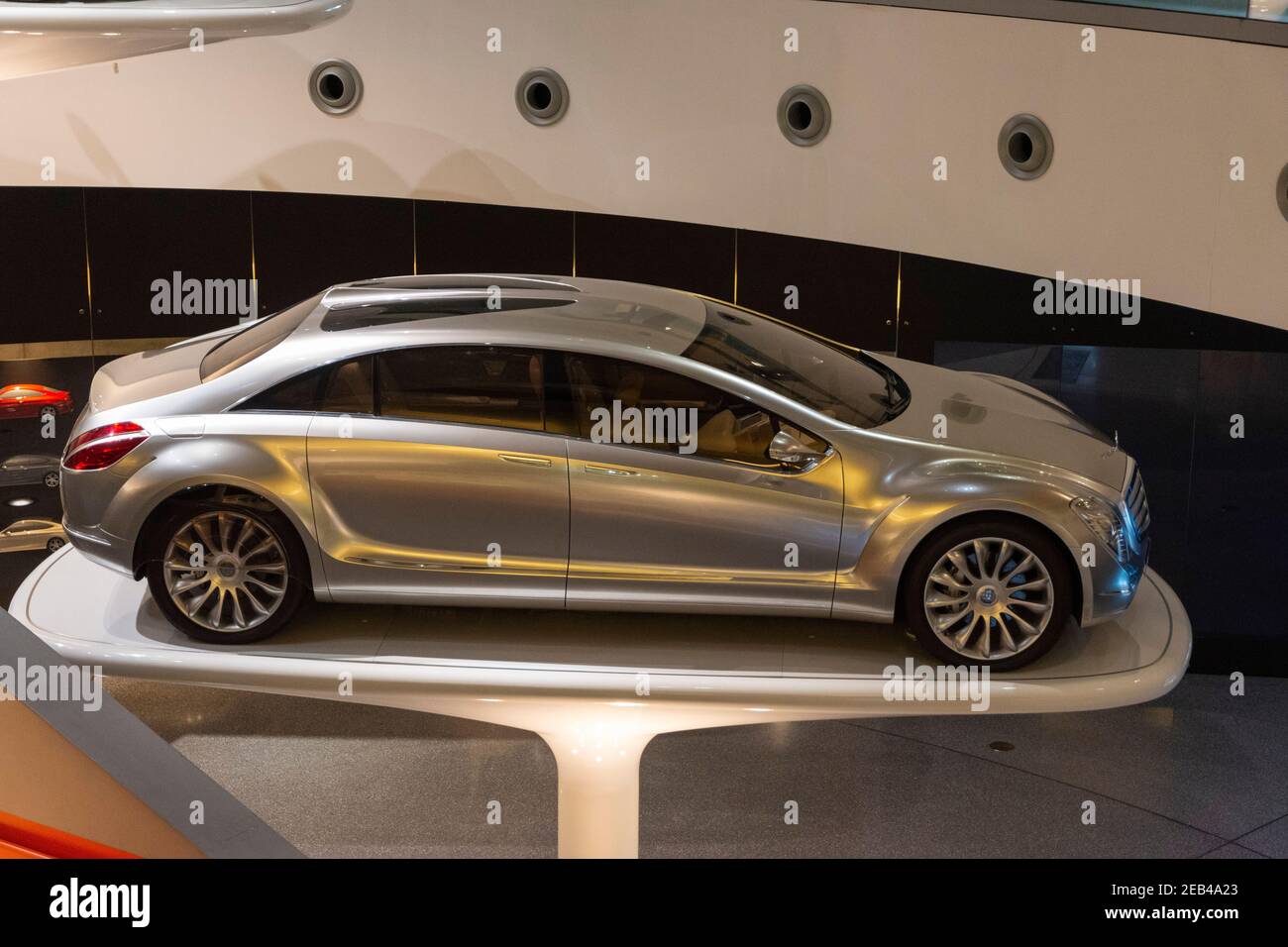Modern concept of Mercedes limousine car in the Mercedes Benz Museum in ...