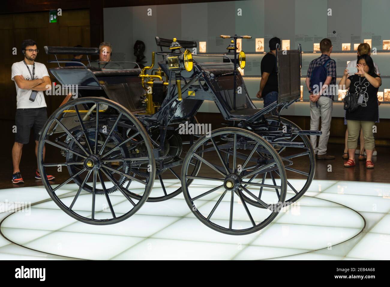Interior of the Mercedes Benz Museum in Stuttgart, Germany. Old style ...