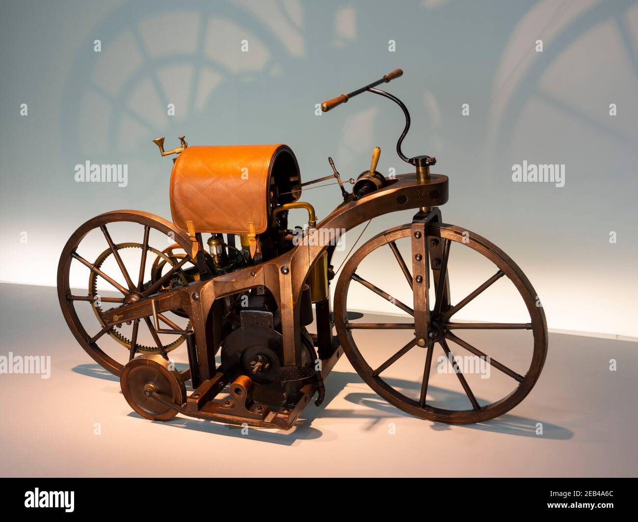 Interior of the Mercedes Benz Museum in Stuttgart, Germany. Old style ...