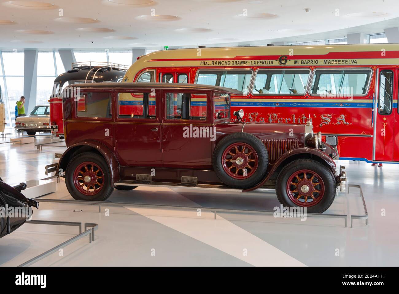 Interior of the Mercedes Benz Museum in Stuttgart, Germany. Old style ...