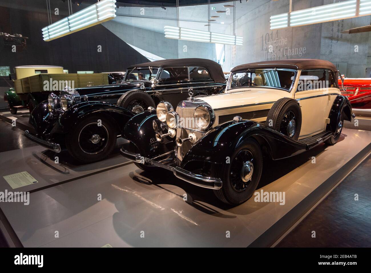 Interior of the Mercedes Benz Museum in Stuttgart, Germany. Old style ...
