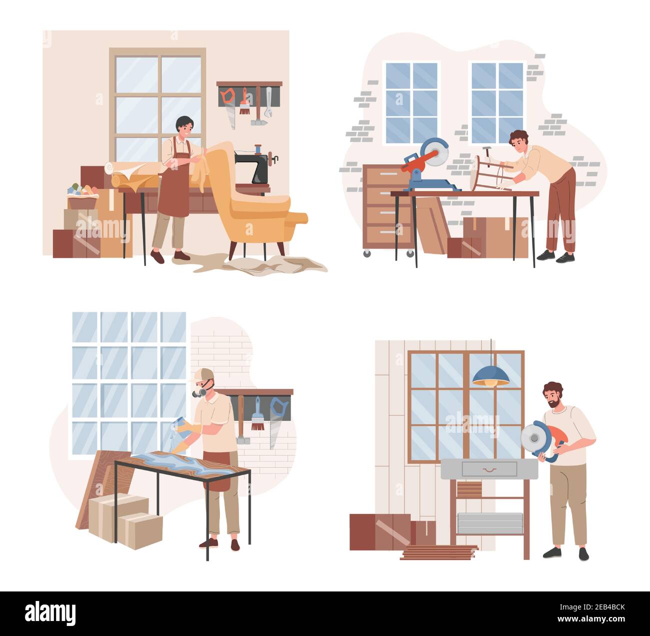 Set of foremen making furniture vector flat illustration. Group of ...