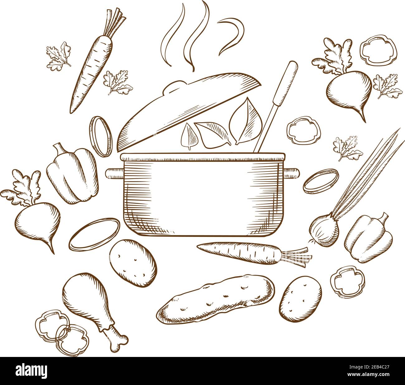 Preparing vegetable soup sketch design with carrot, plate, hot pan ...