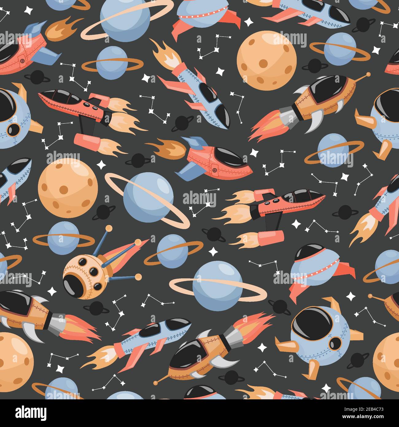 Cosmos exploring vector seamless pattern. Spaceships, constellations ...