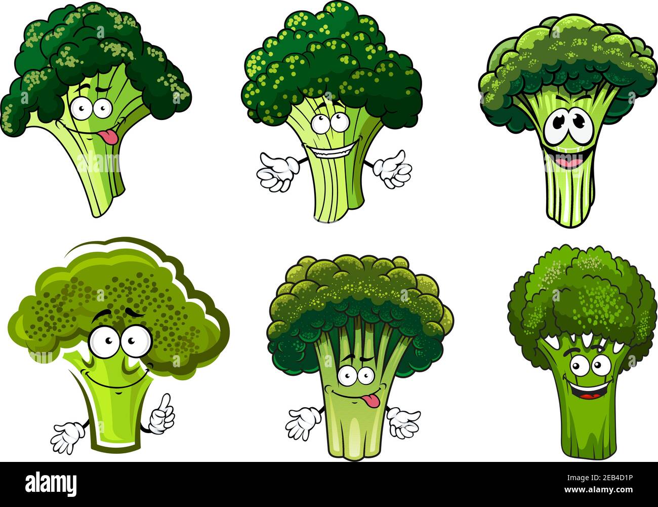 Organic farm cartoon broccoli vegetables with green stalks and lush ...
