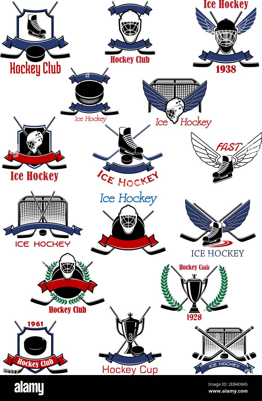 Ice hockey sporting icons and symbols design with crossed sticks, pucks ...