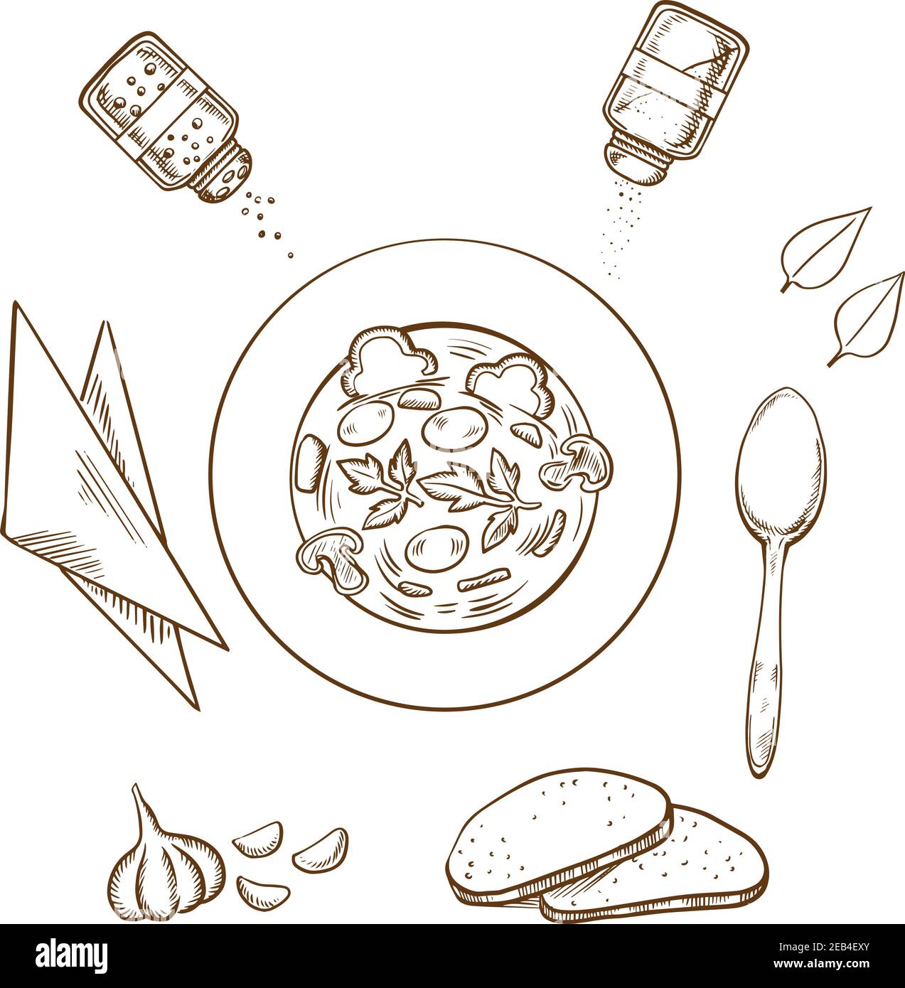 Sketch of dinner with a bowl of hot soup surrounded by white bread ...