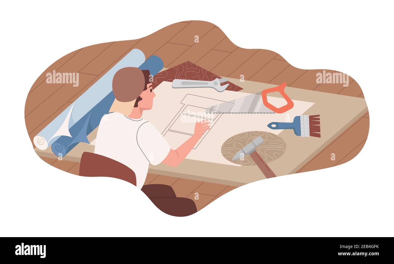 Male sitting wooden table in Stock Vector Images - Alamy