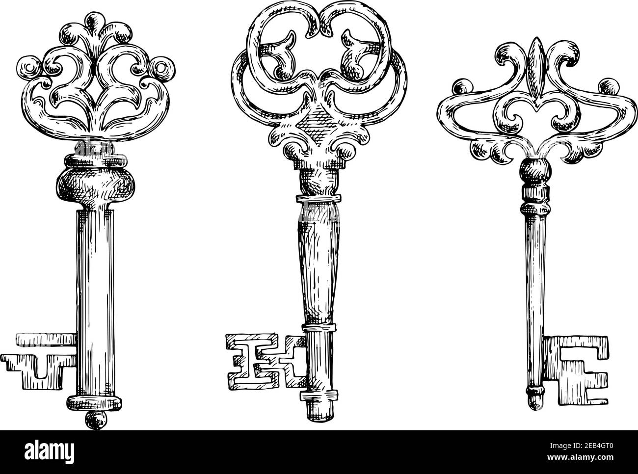Three vintage medieval sketched key skeletons isolated on white ...