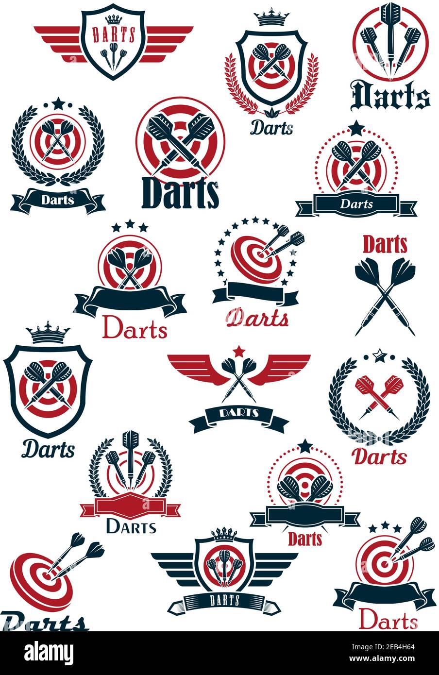 Sporting emblems for darts game club with arrows on red dartboards and ...