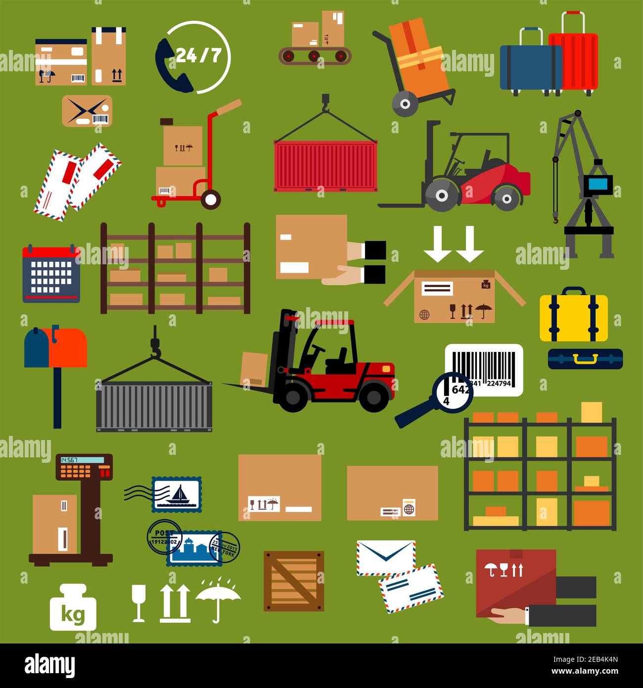 Storage, delivery and logistics icons with packages, containers, cargo ...