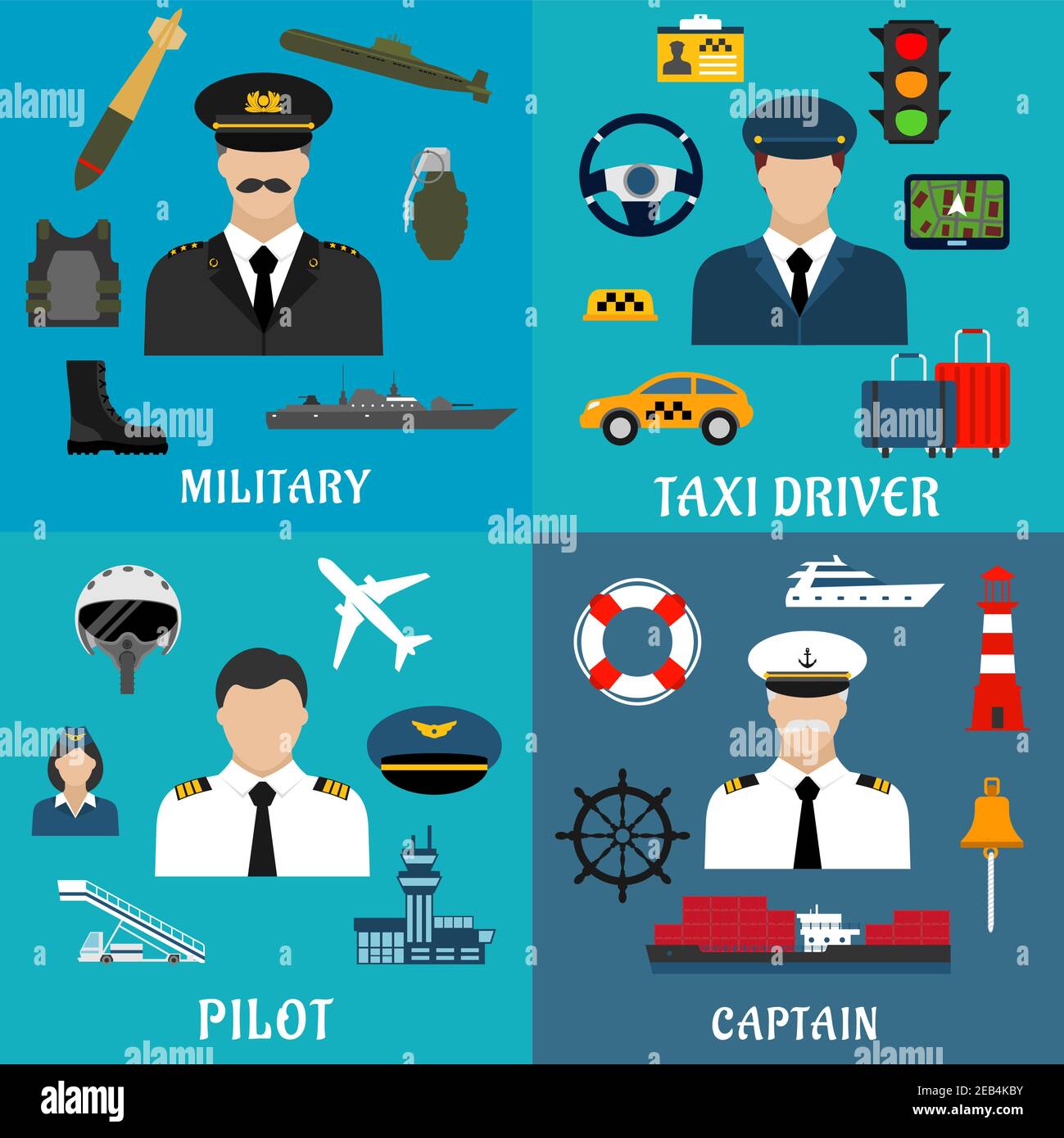 Military, sea captain, pilot and taxi driver flat icons with ...