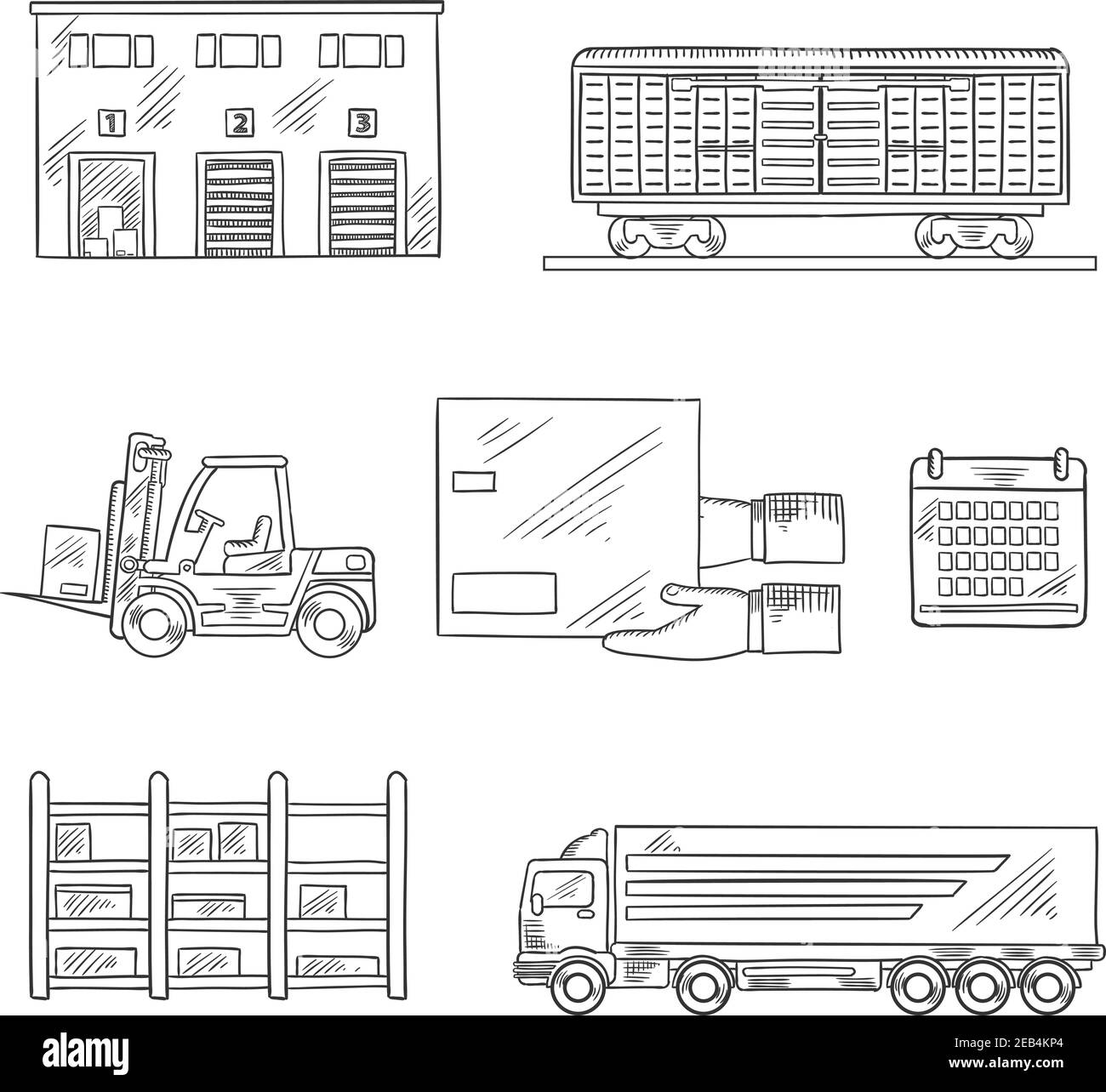Delivery and storage service icons in sketch style with warehouse ...
