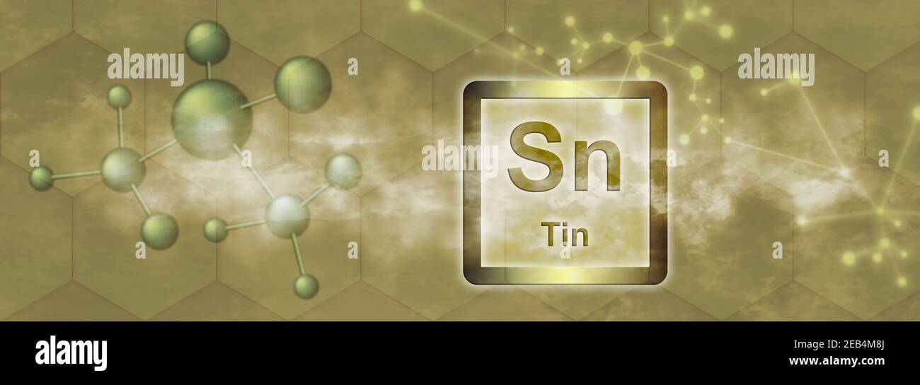 Sn symbol. Tin chemical element with molecule and network on yellow ...