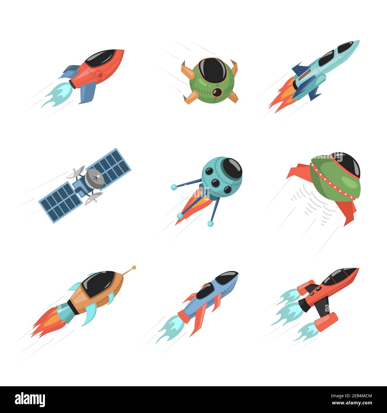 Set of different spaceships and satellites isolated on white background ...