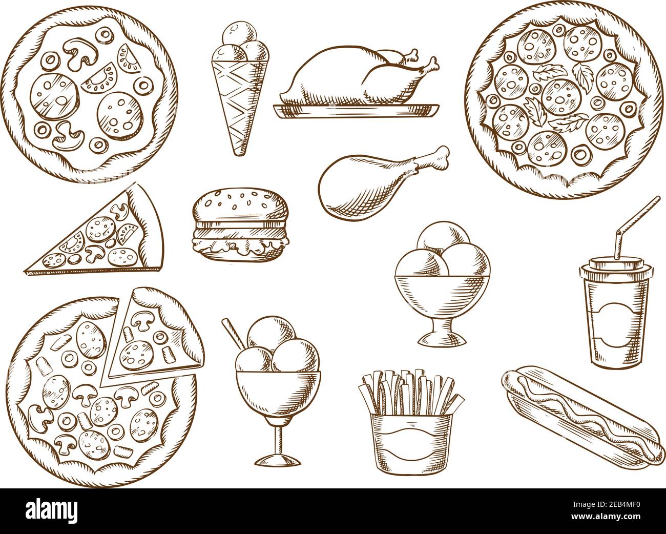 Fast food menu sketches of pizza with different toppings, french fries ...