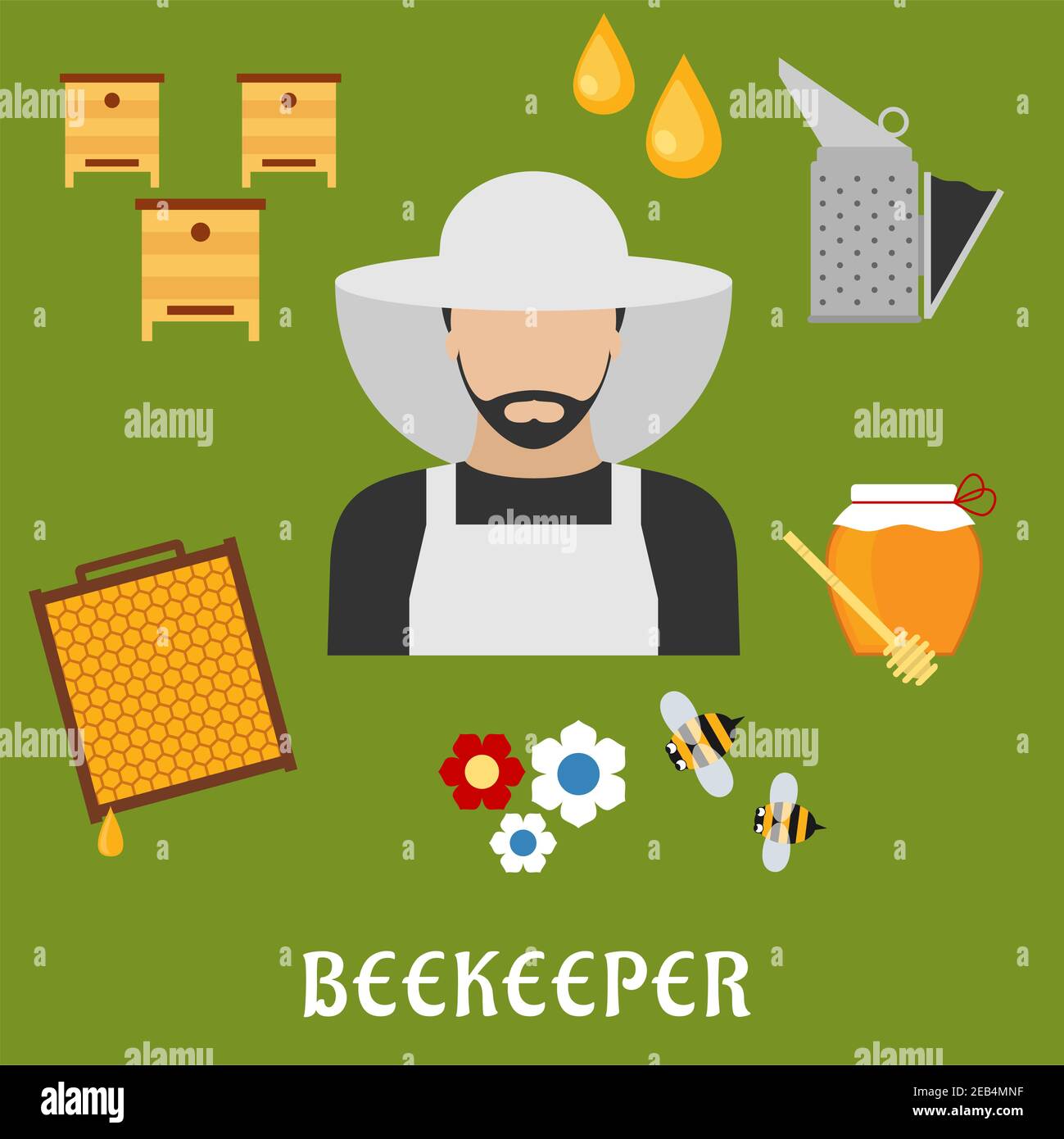Beekeeper profession flat icons. Beekeeper man in hat, encircled by ...