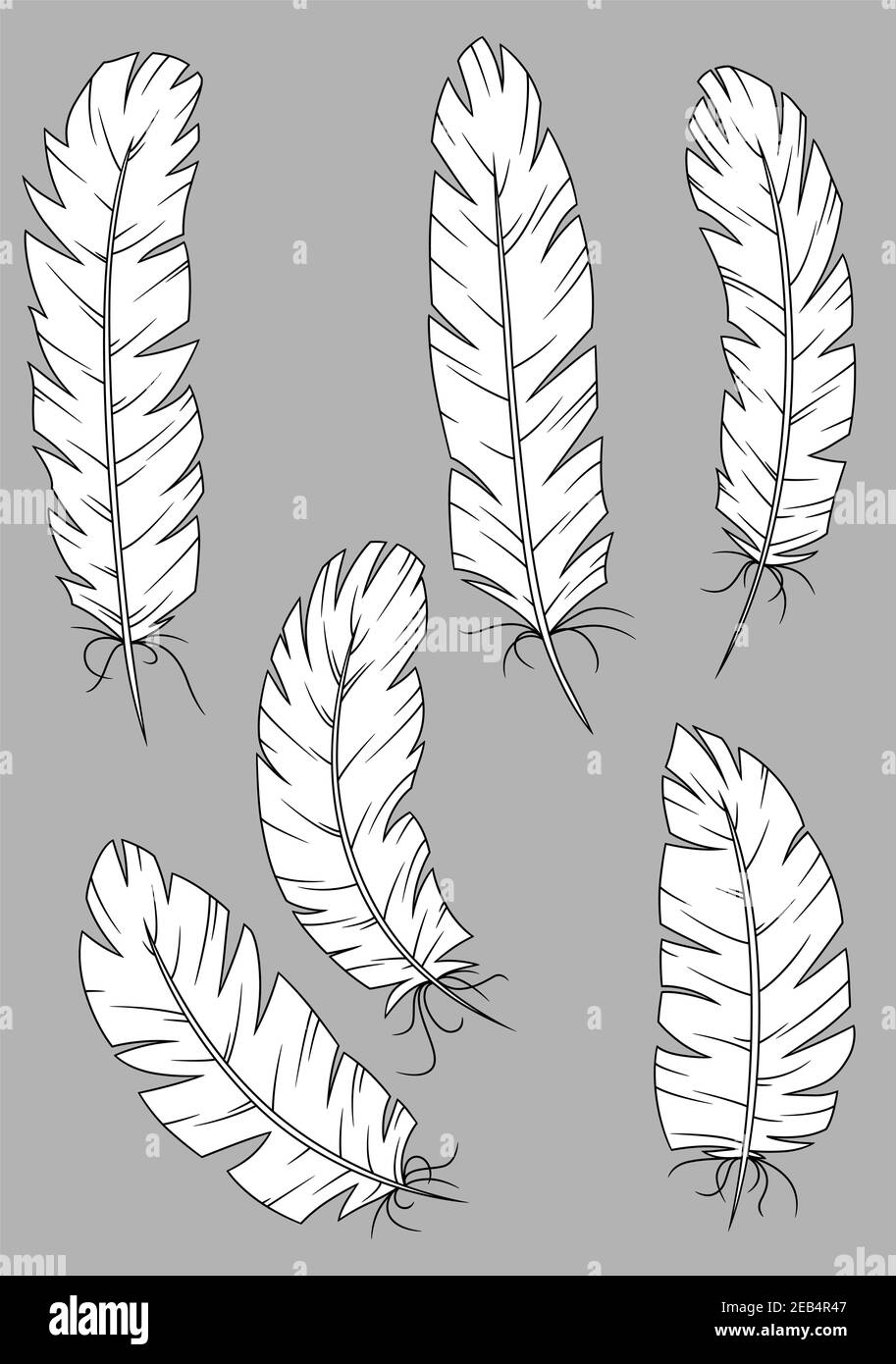 Antique feather quill pens icons with fluffy white goose feathers. For ...