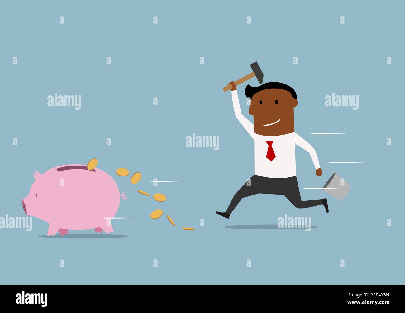 African american businessman with hammer chasing a piggy bank, trying ...