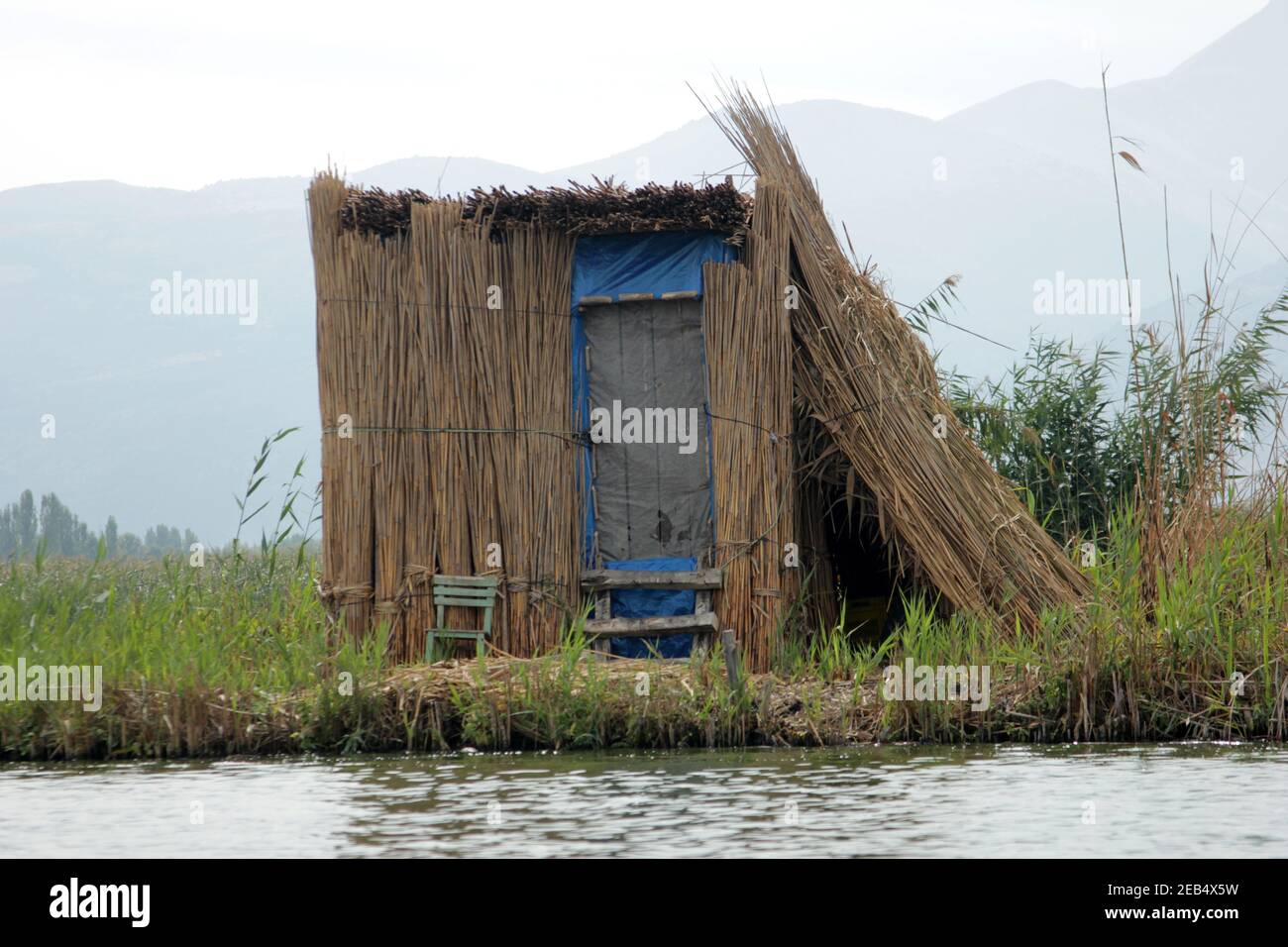 Lake shore and grass hut Stock Photo - Alamy