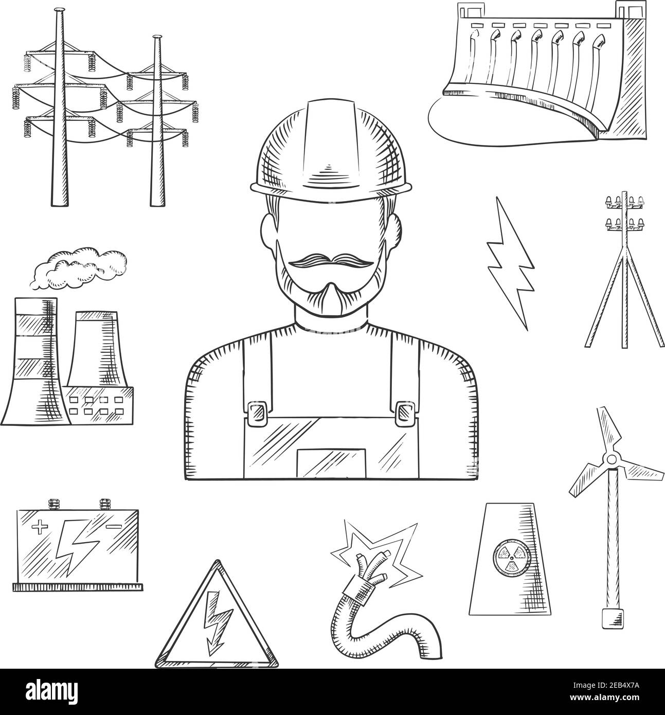 Electricity and power industry icons sketches with electric stations of ...