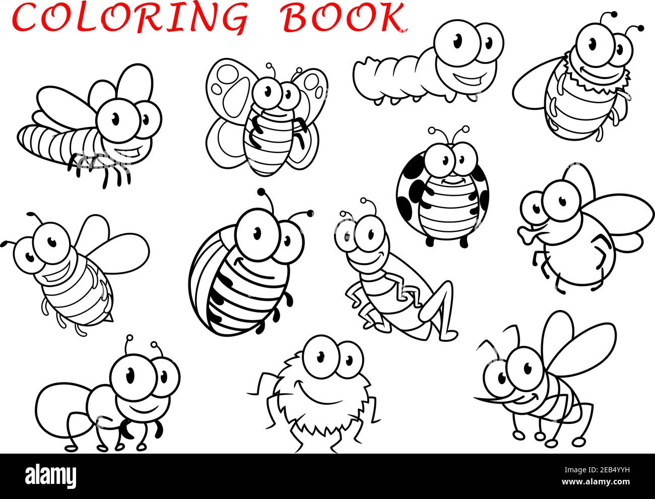 Isolated outline insect animals characters with fly and dragonfly ...