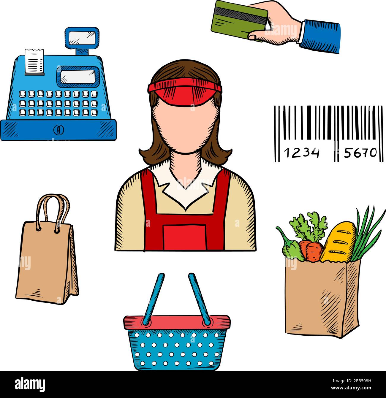 Groceries, customer, shop assistant Stock Vector Images - Alamy