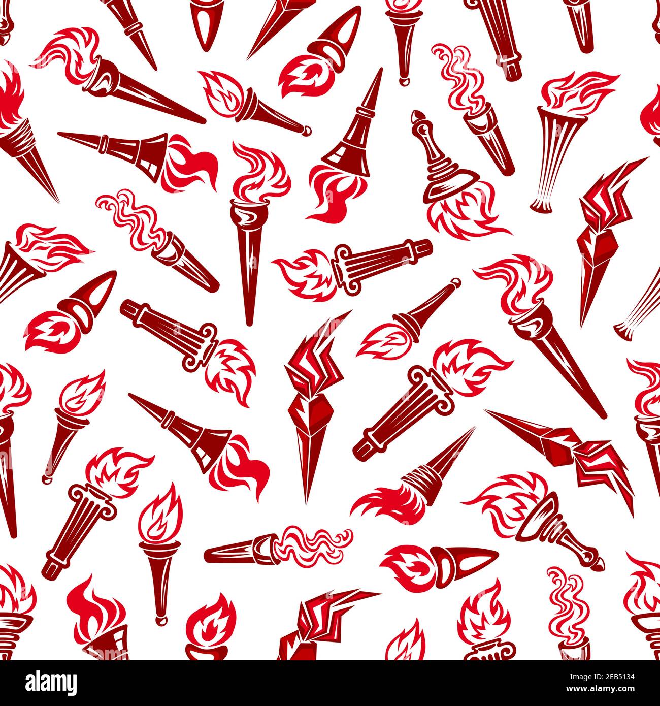 Flaming torchs icons seamless pattern in red and maroon colors. For ...