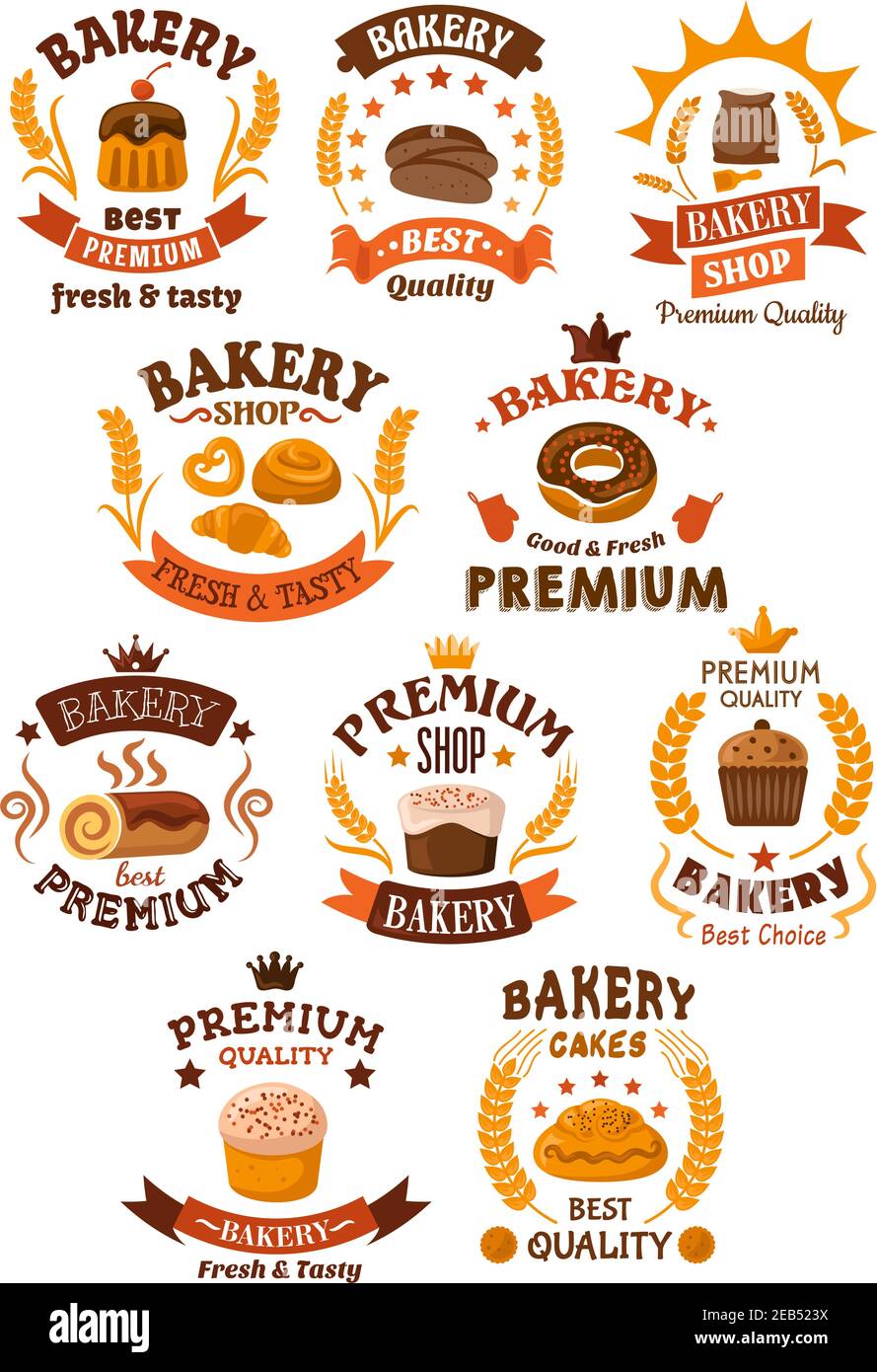 Bakery, desserts and pastry badges or emblems with assorted bakery ...