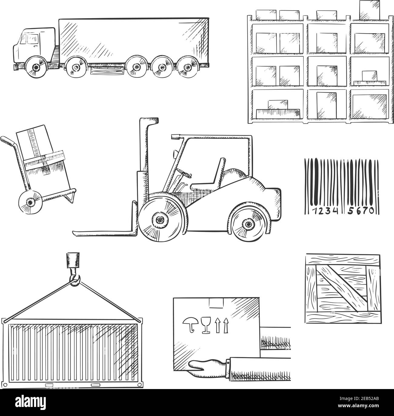 Delivery and shipping icons with truck, crate, barcode, container ...