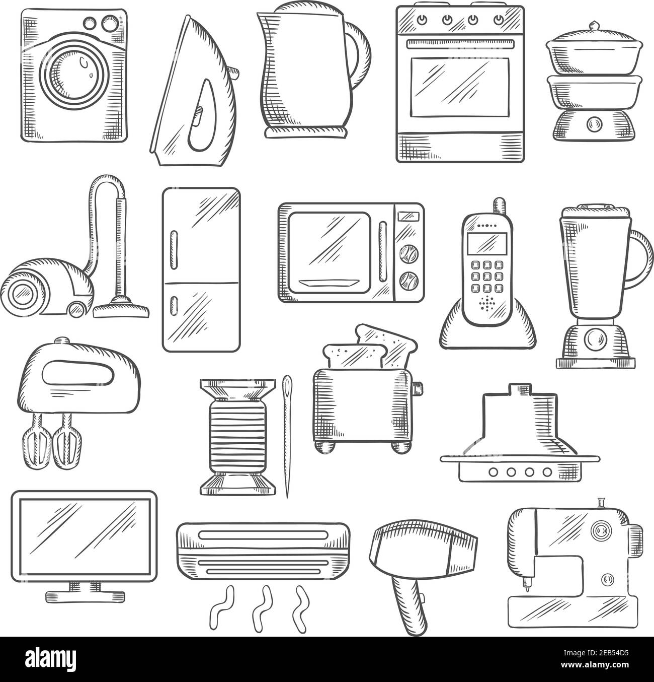 Home appliance icons with microwave, vacuum, iron, refrigerator ...